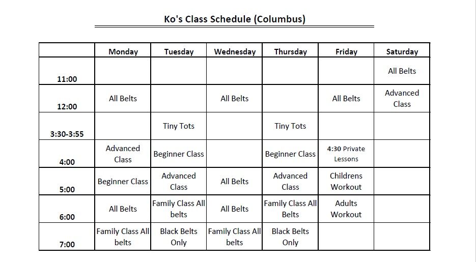 Class Schedules – Ko’s Martial Arts